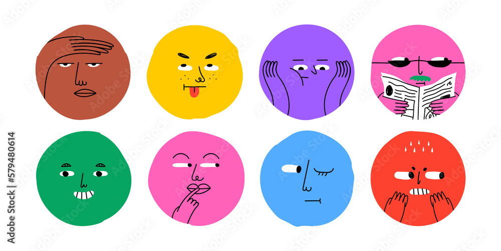 Colorful cartoon character face circle illustration set. Funny people ...