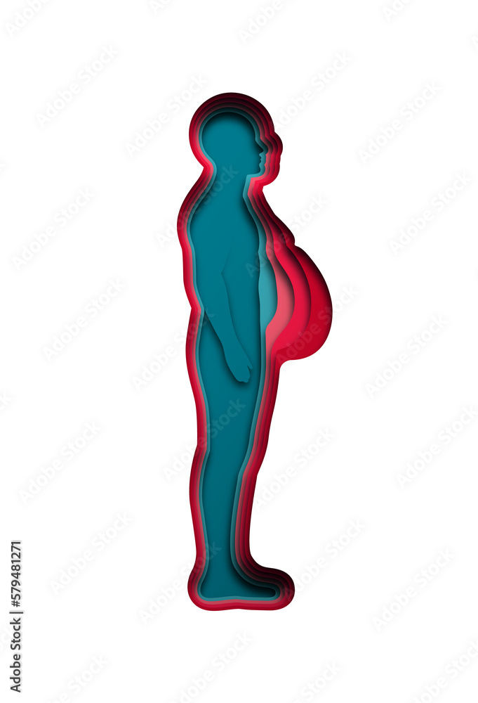 Paper cut man in full body profile view with layered overweight and ...