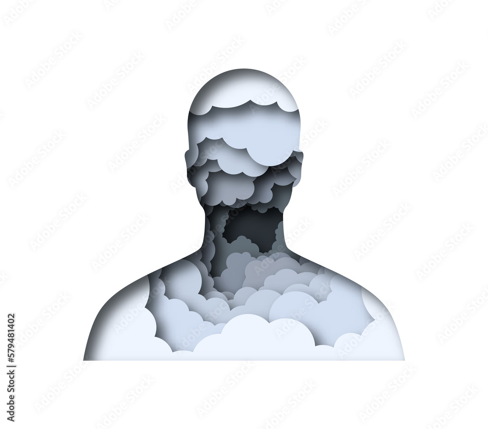 Realistic 3D paper cut man head with black smoke inside. Papercut ...
