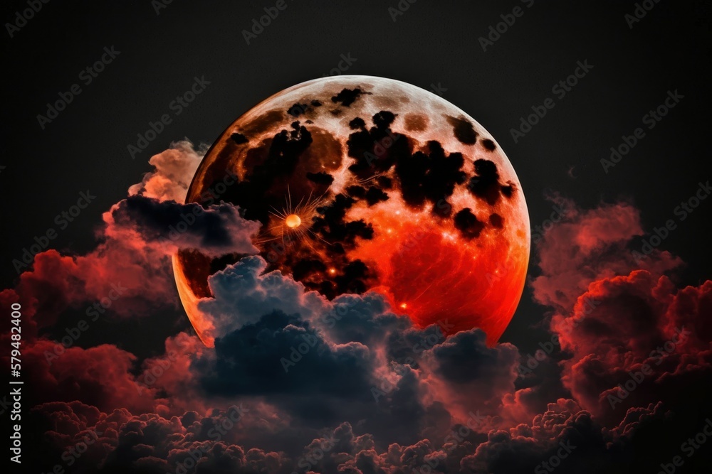 Blood Moon, Red moon, real full blood moon in black sky with cloud. AI ...