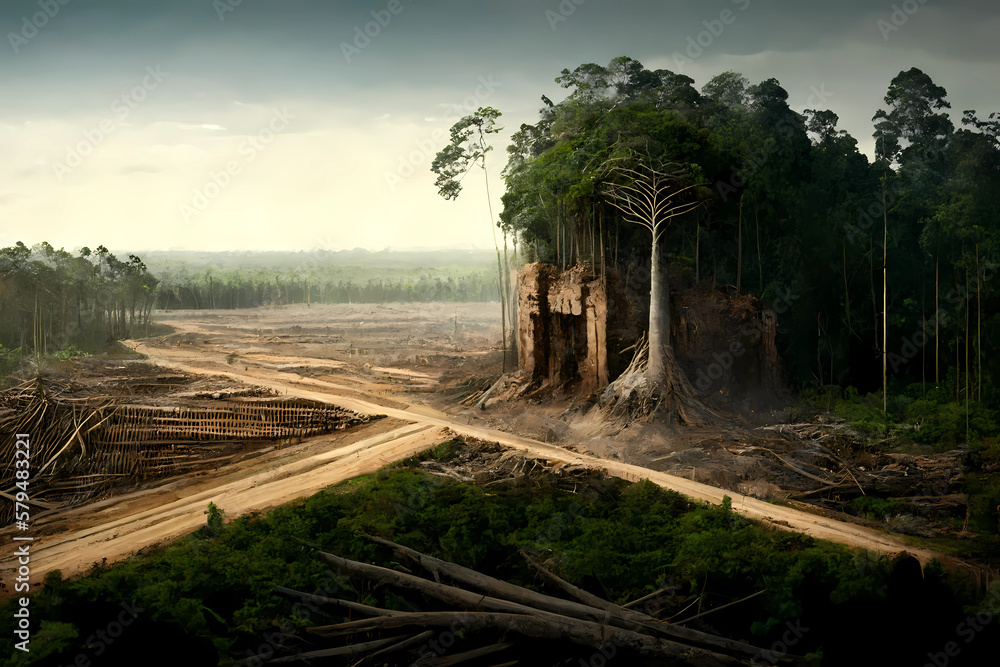 The global environmental problem of deforestation. Destruction of trees, air pollution ...