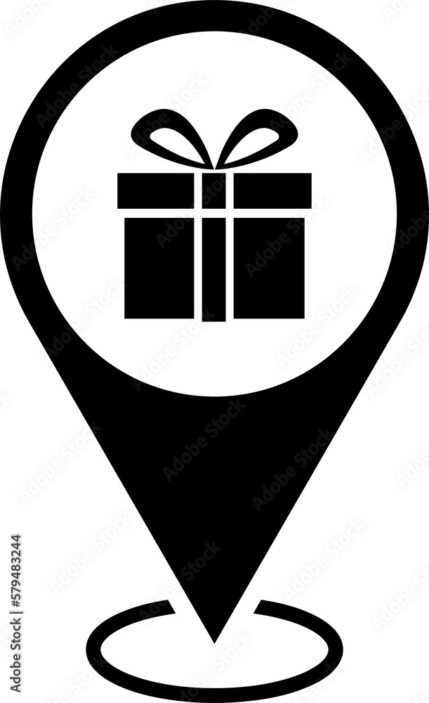 gift shop location map pointer, gift box icon with location pin, black ...