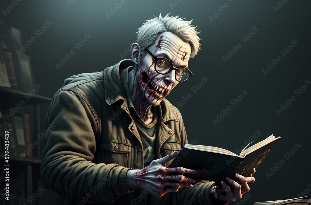 A creepy zombies with glasses reading a book in a dark room with ...