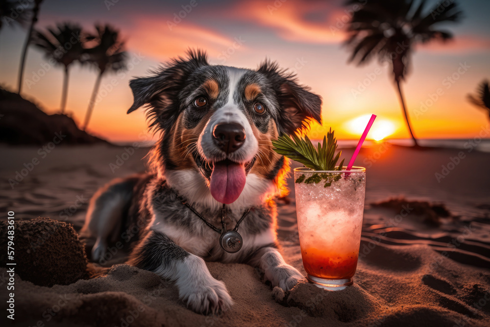 Cute dog resting at sea beach with cold cocktail in sunset. Summer ...