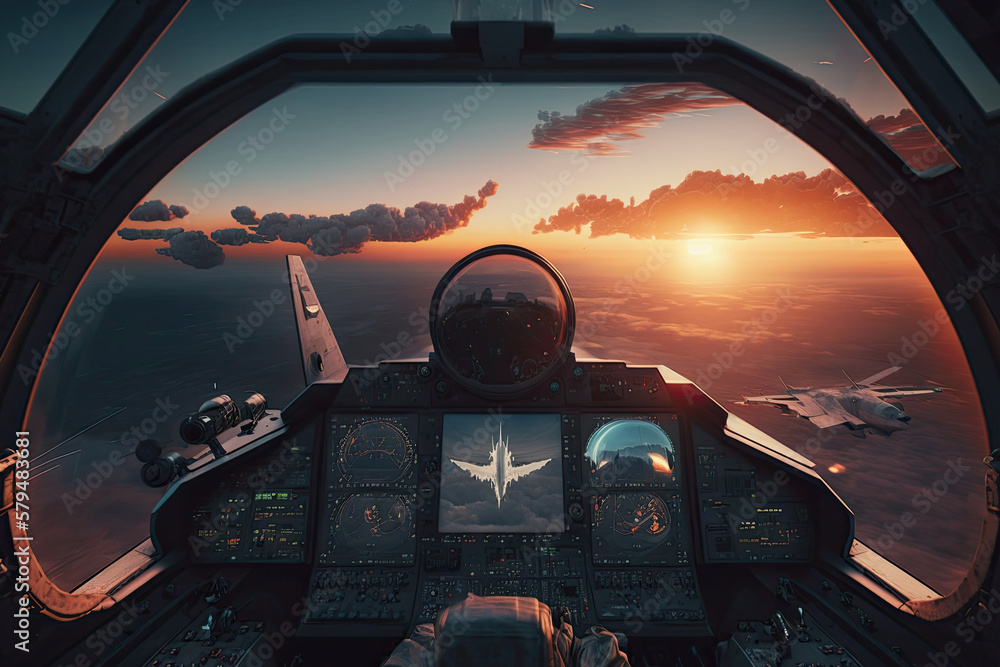 Jet fighter cockpit at sunset. Military aviation. Created with ...