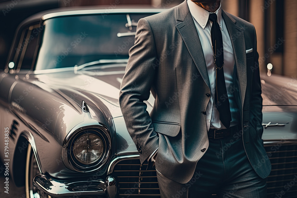 Unrecognizable businessman in suit stands next to luxury retro car ...