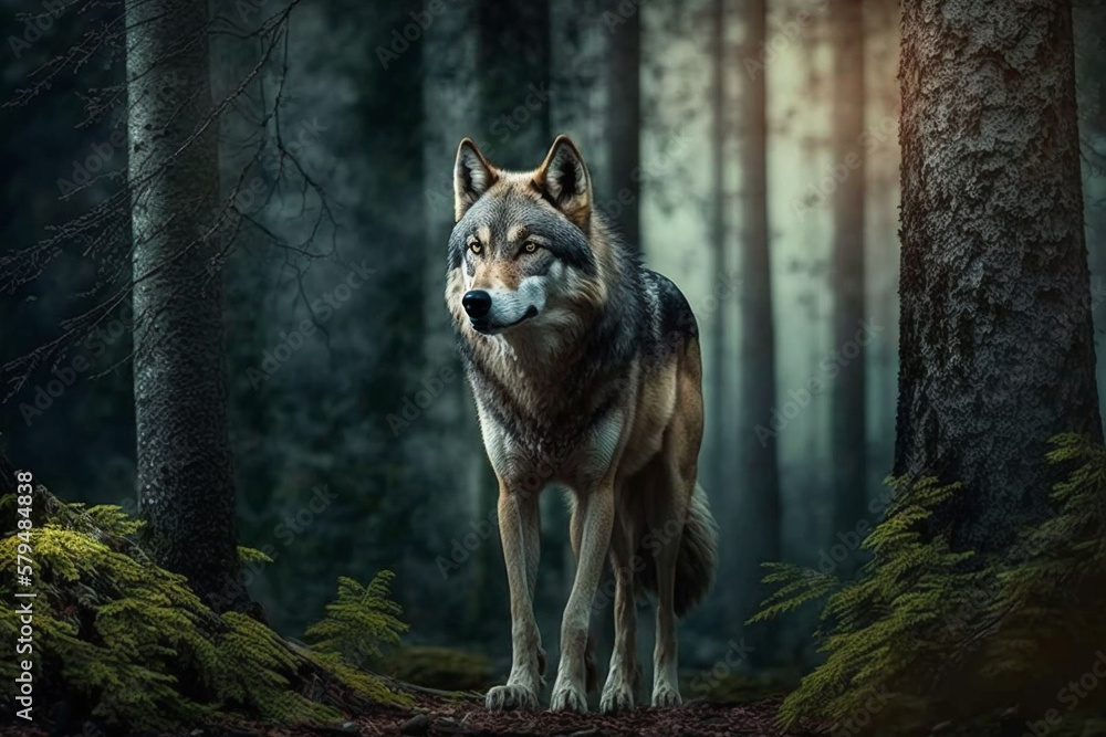 Impressive beautiful majestic wolf in the forest. Wild animal in nature ...