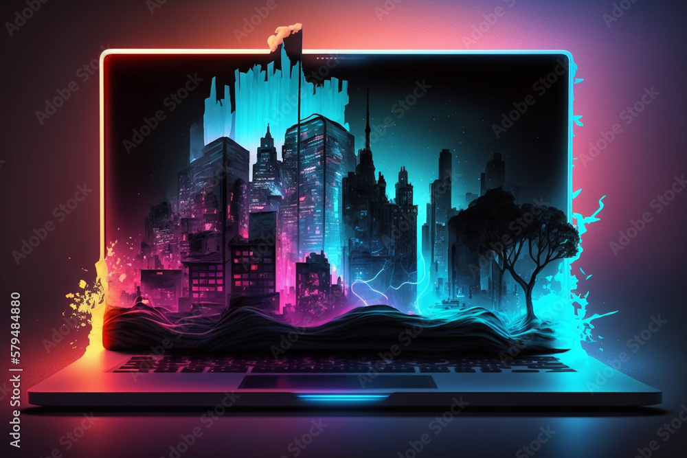 Neon laptop. Created with generative Ai technology. Stock Illustration ...