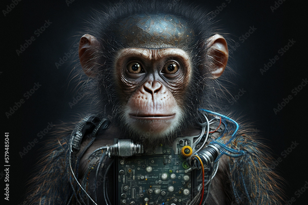 Monkey futuristic android or AI cyborg robot digital intelligence ...