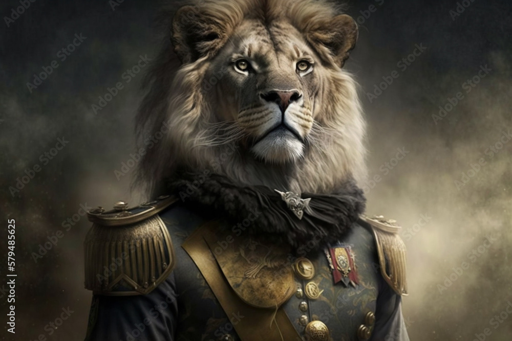 Lion dressed in military uniform as a general or soldier. Powerful ...