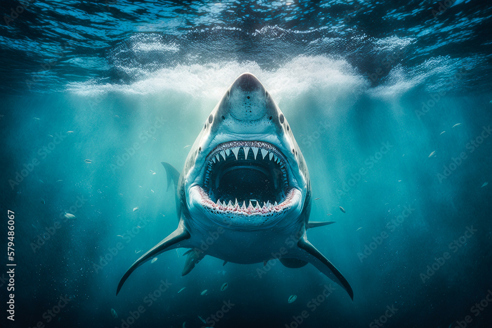 Requin avec la bouche grande ouverte dans la mer sous l'eau, prêt à ...