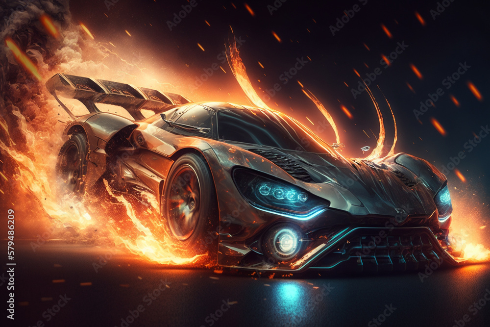 Super fast car automobile concept design with fire. Luxury speed race ...