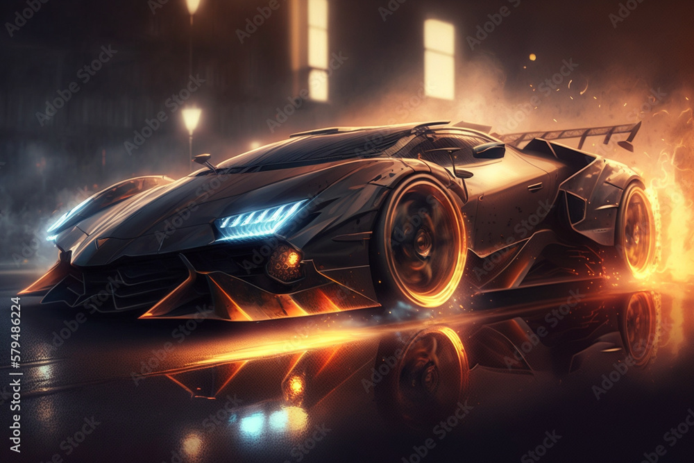 Super fast car automobile concept design with fire. Luxury speed race ...