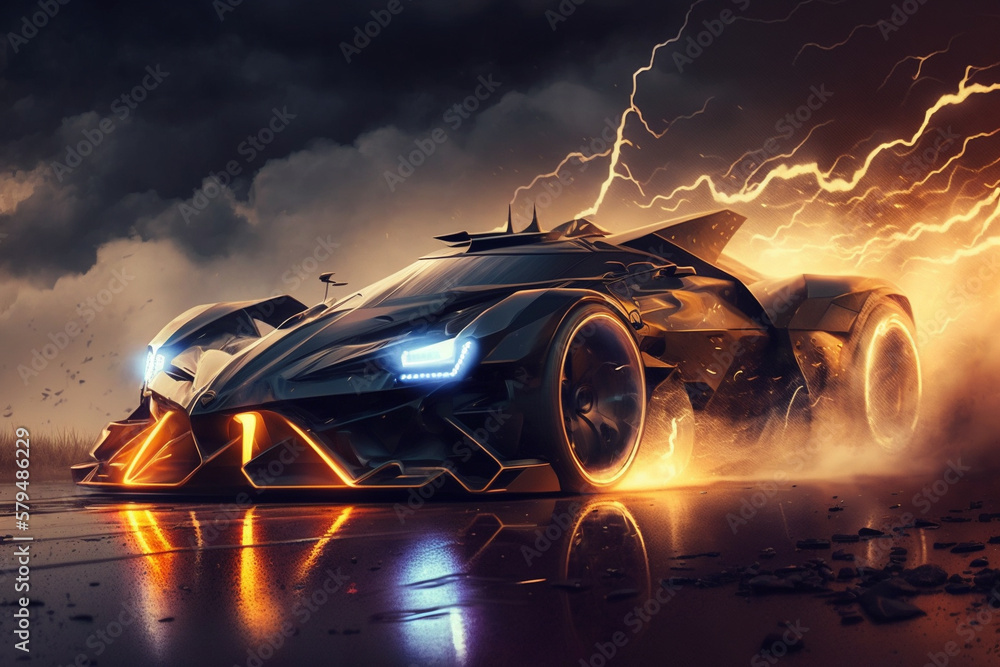 Super fast car automobile concept design with fire. Luxury speed race ...