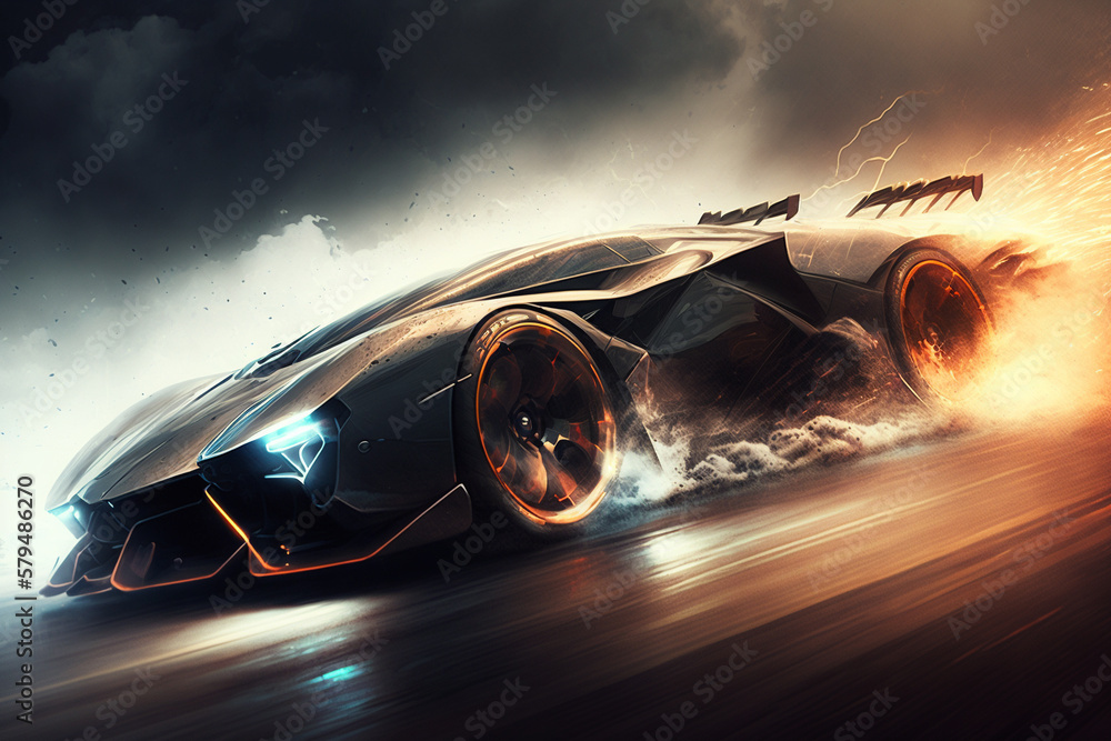 Super fast car automobile concept design with fire. Luxury speed race ...
