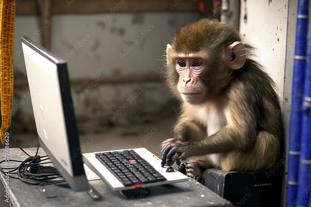 Monkey at a computer or laptop working in an office funny concept. Ai ...