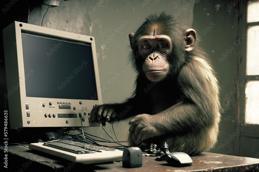 Monkey at a computer or laptop working in an office funny concept. Ai ...
