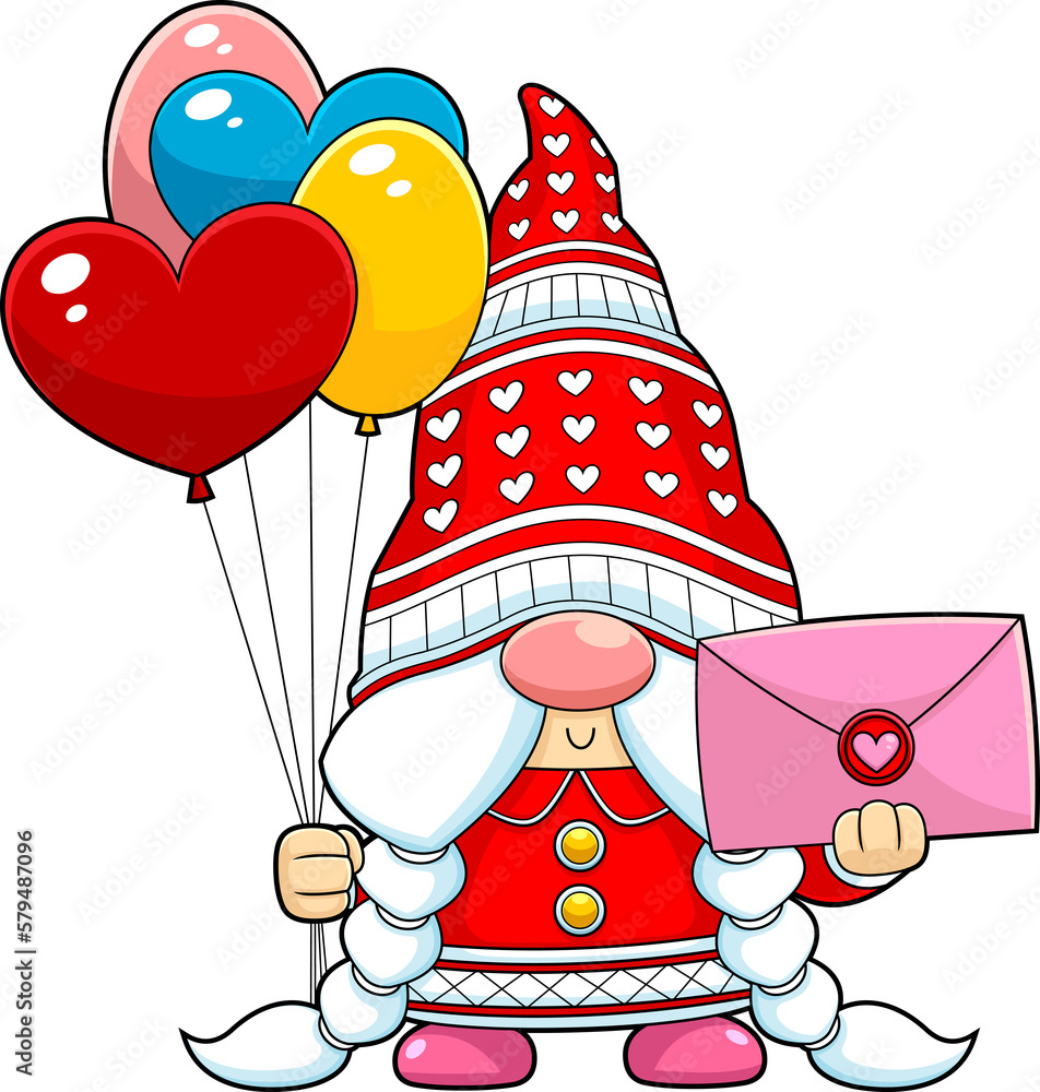 Cute Female Gnome Cartoon Character With Balloons Holding A Love Letter