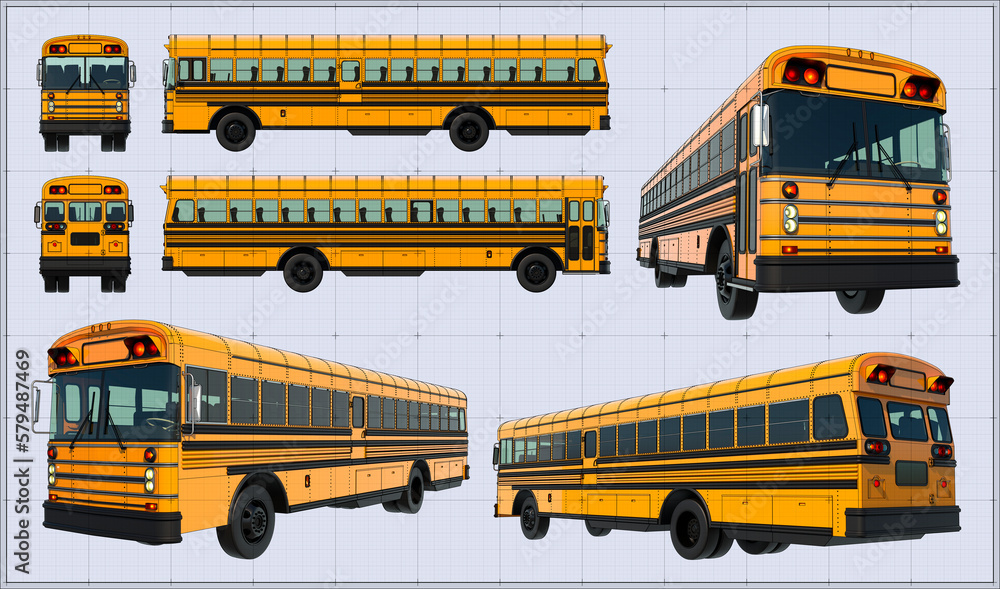 Bus drawing. Three projections. School bus. Transport of the 80s. Stock ...