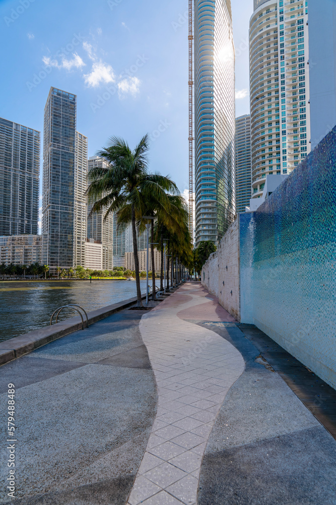 Miami River Walk along with colorful walls and coconut trees at Miami ...
