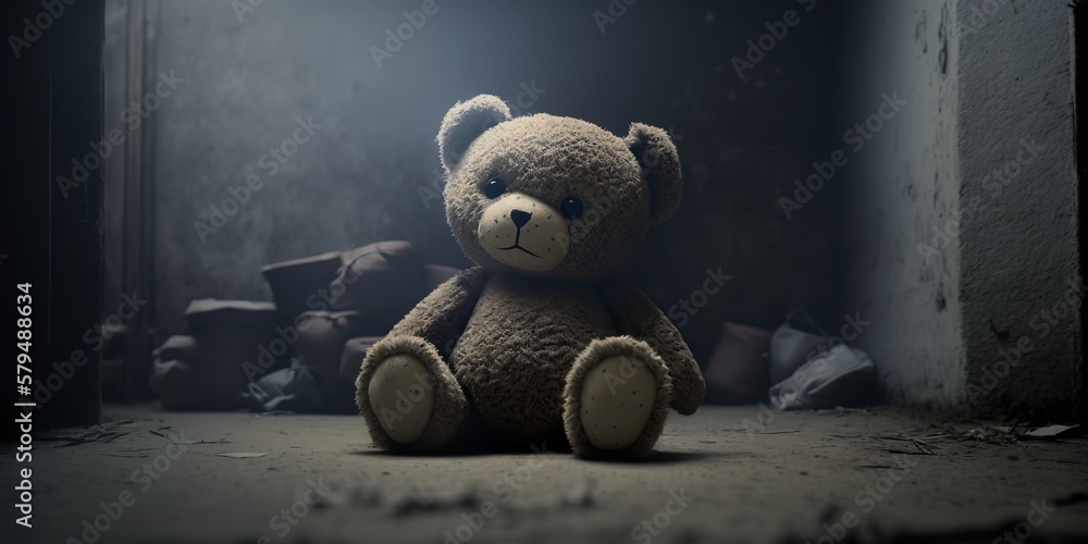 Childs toy or stuffed animal in dark eerie setting representing ...