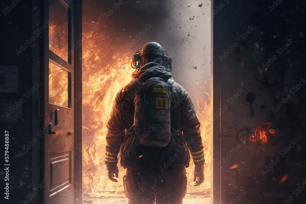 Firefighter works on fire, fireman walks in building on flame ...