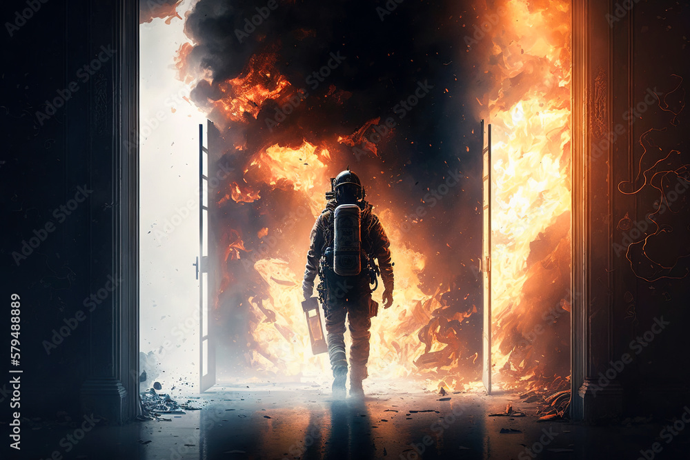 Firefighter works on fire, fireman walks in building on flame ...