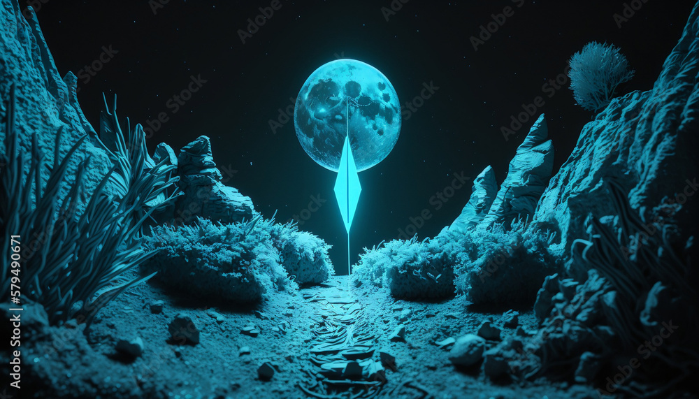 futuristic moonscape with geomtrical symbol, unrealistic, blue, galaxy ...