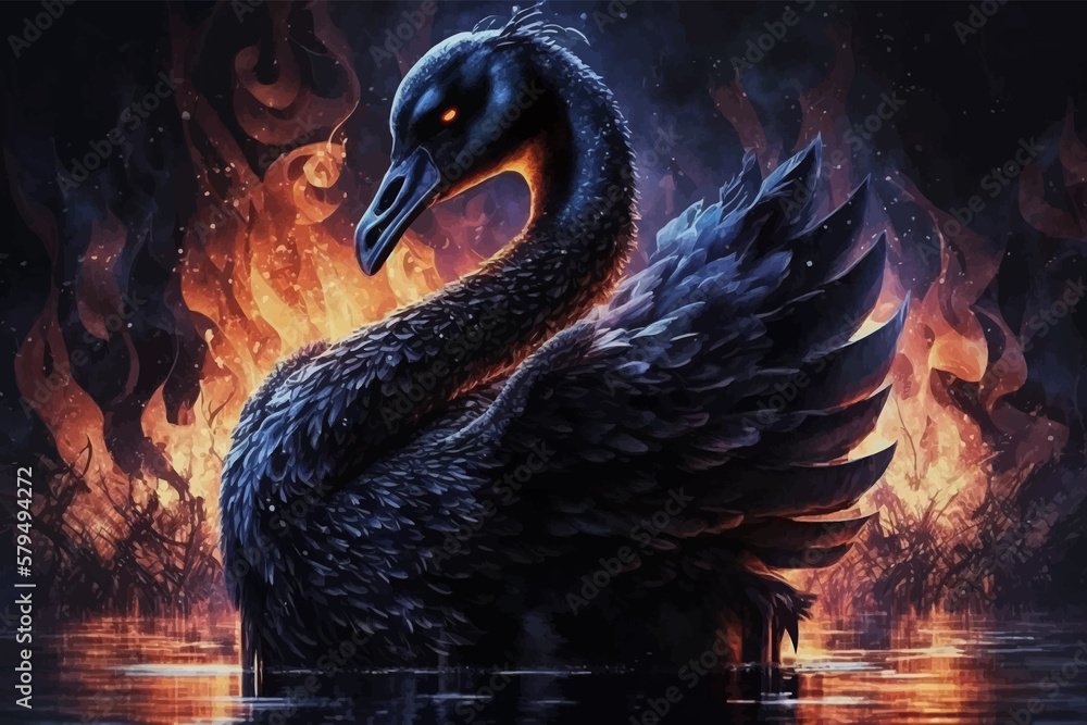 Fantasy Black swan on the background of a fire. 3d render. Vector ...