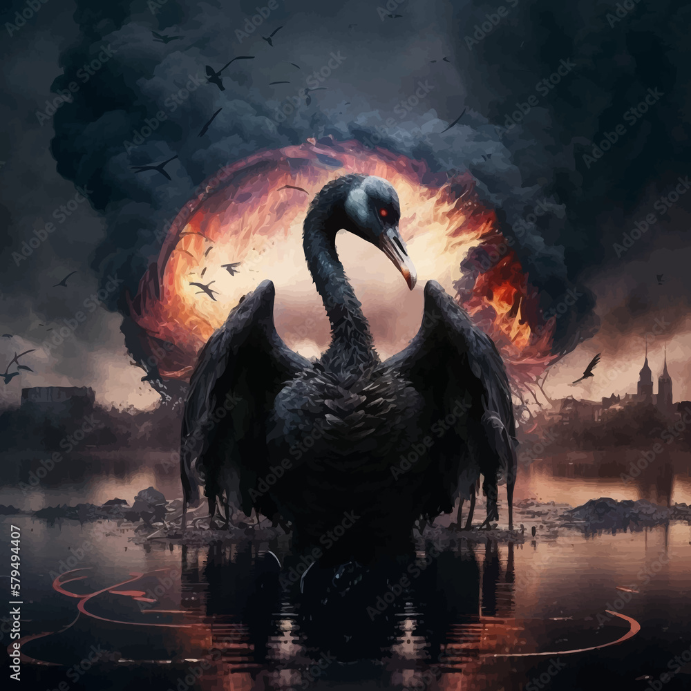 Black swan with red eyes and spread wings against the background of an ...