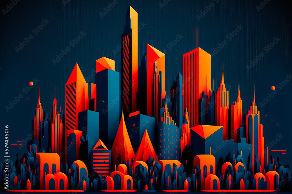 Stylized representation of a city with buildings of various sizes and ...