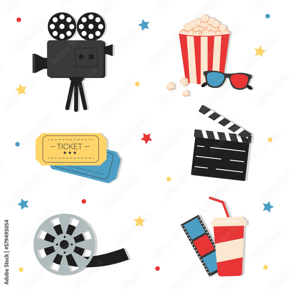 Collection of elements on the theme of the movie. Camera, popcorn ...