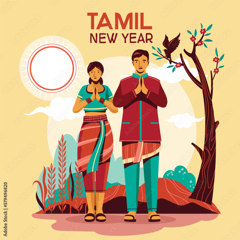 Poster Happy Tamil New Year Poster or flyer with couple pray background ...