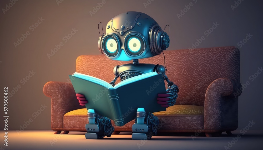 robot reading a book, cartoon character, future art, ai, android child ...