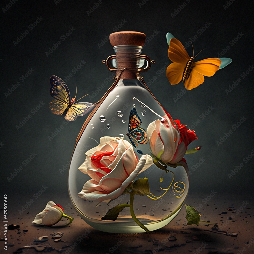 photo bottle pear roses flowers surrealism concept artreen butterfly ...