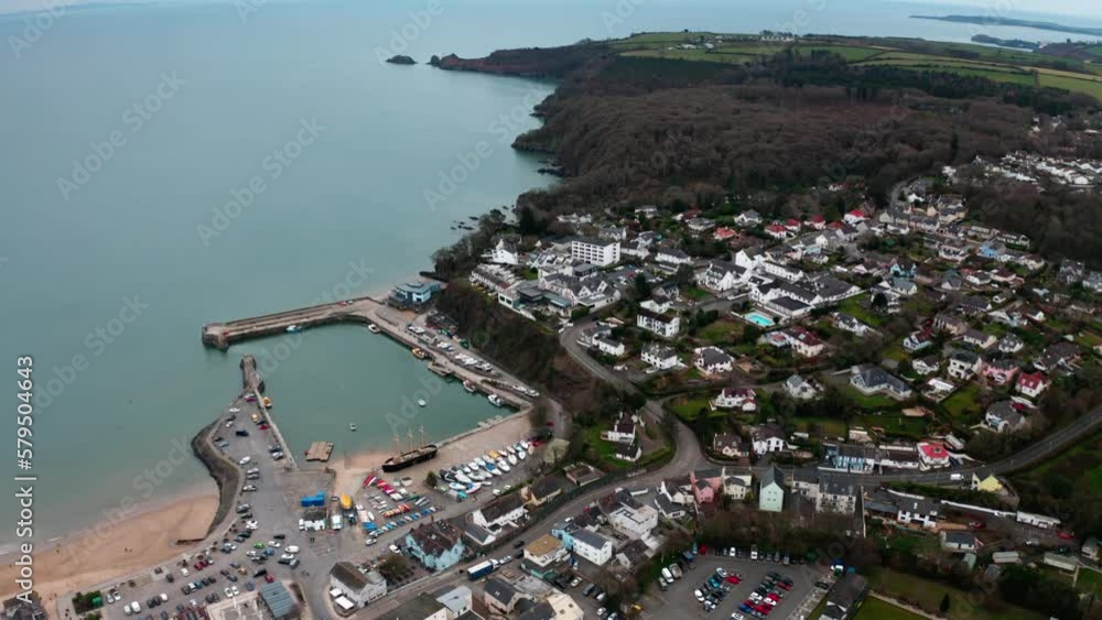 4k Aerial view of saundersfoot during winter months of the year 2023 ...