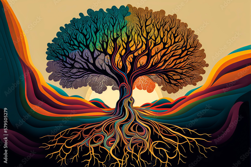 ภาพประกอบสต็อก A tree with deep roots and branches reaching for the sky ...