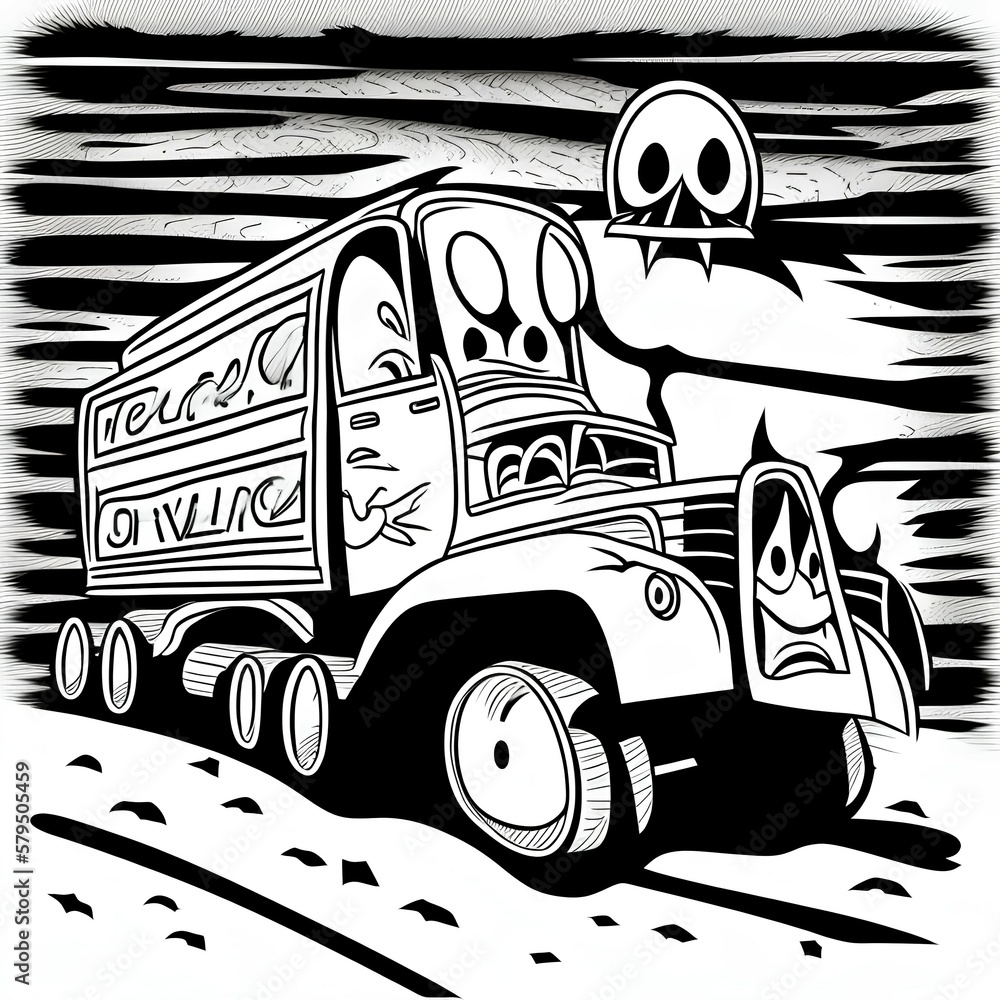 Cartoon evil truck with scared car. Black and white vector illustration ...