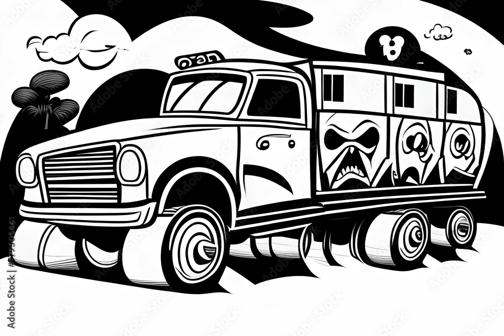Cartoon evil truck with scared car. Black and white vector illustration ...