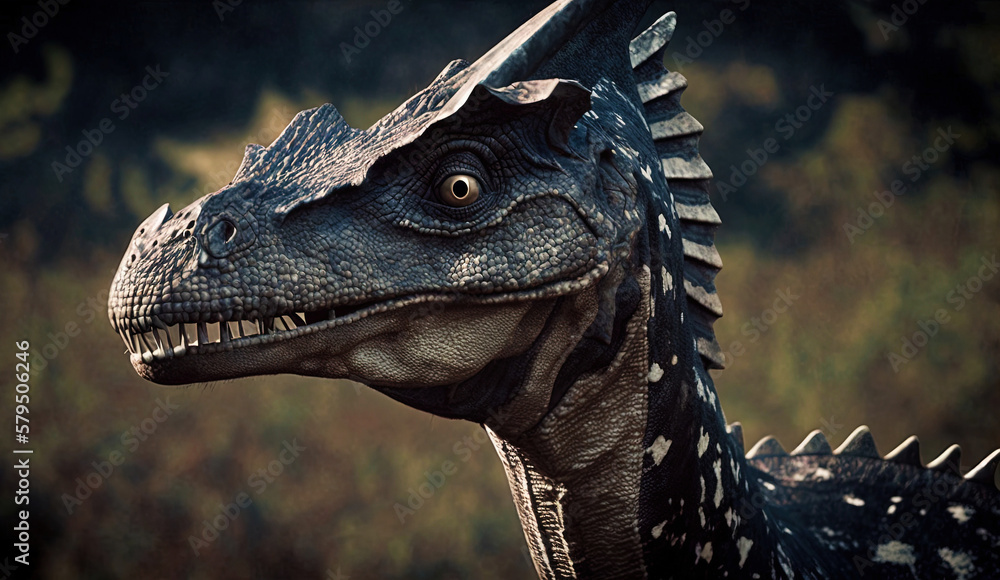 Closeup on head with sharp teeth of carnivorous dinosaur. Prehistoric ...