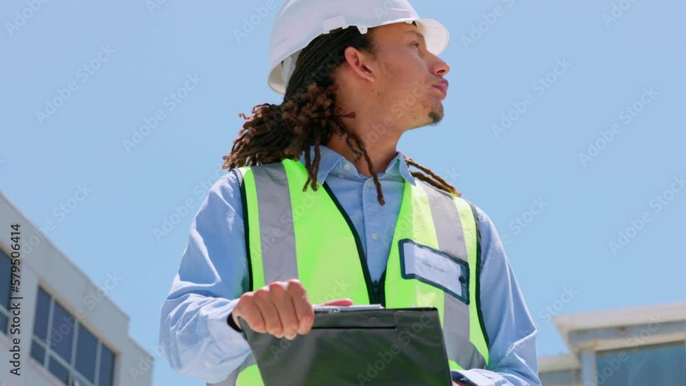 Thinking, engineering or architect writing on construction site ...