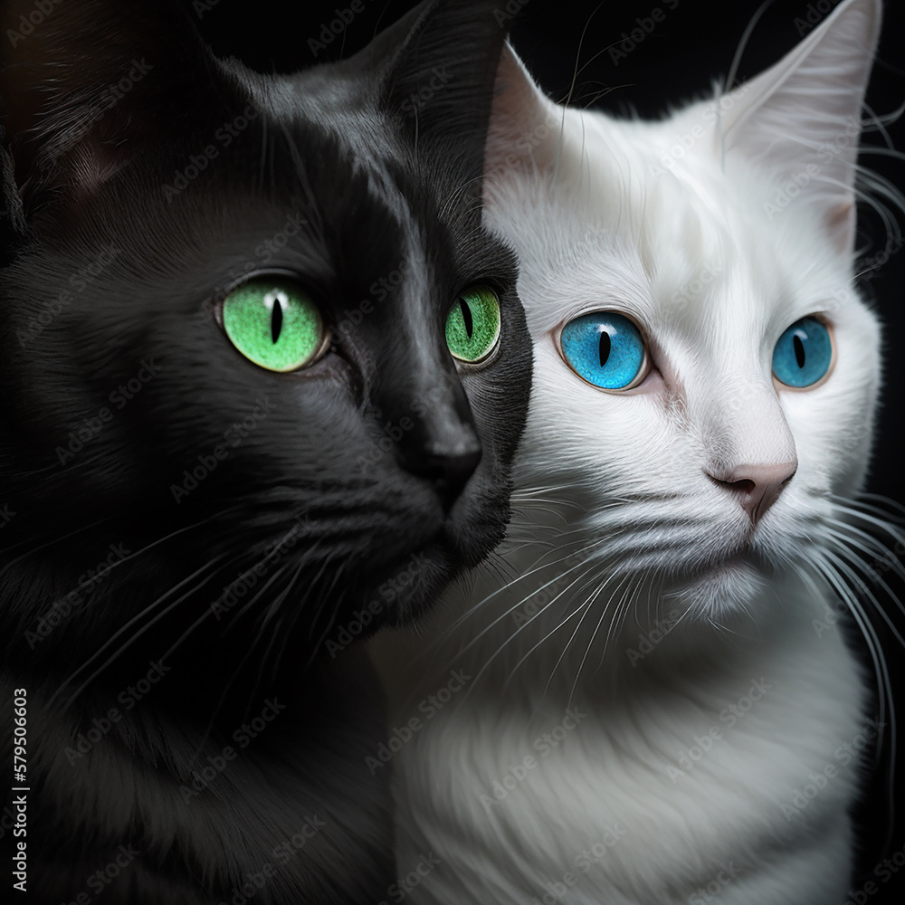 Black and white cats close-up, symbol of unity of opposites, yin and ...