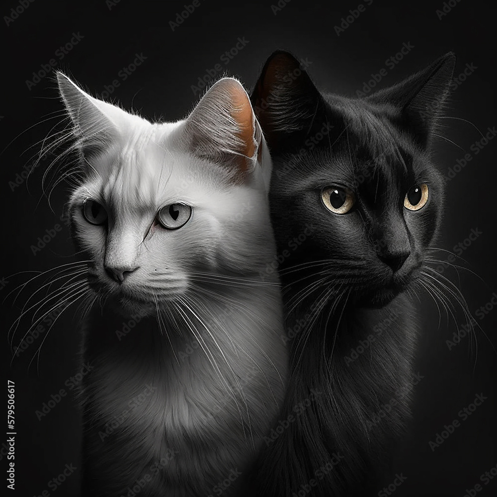 Black and white cats close-up, symbol of unity of opposites, yin and ...