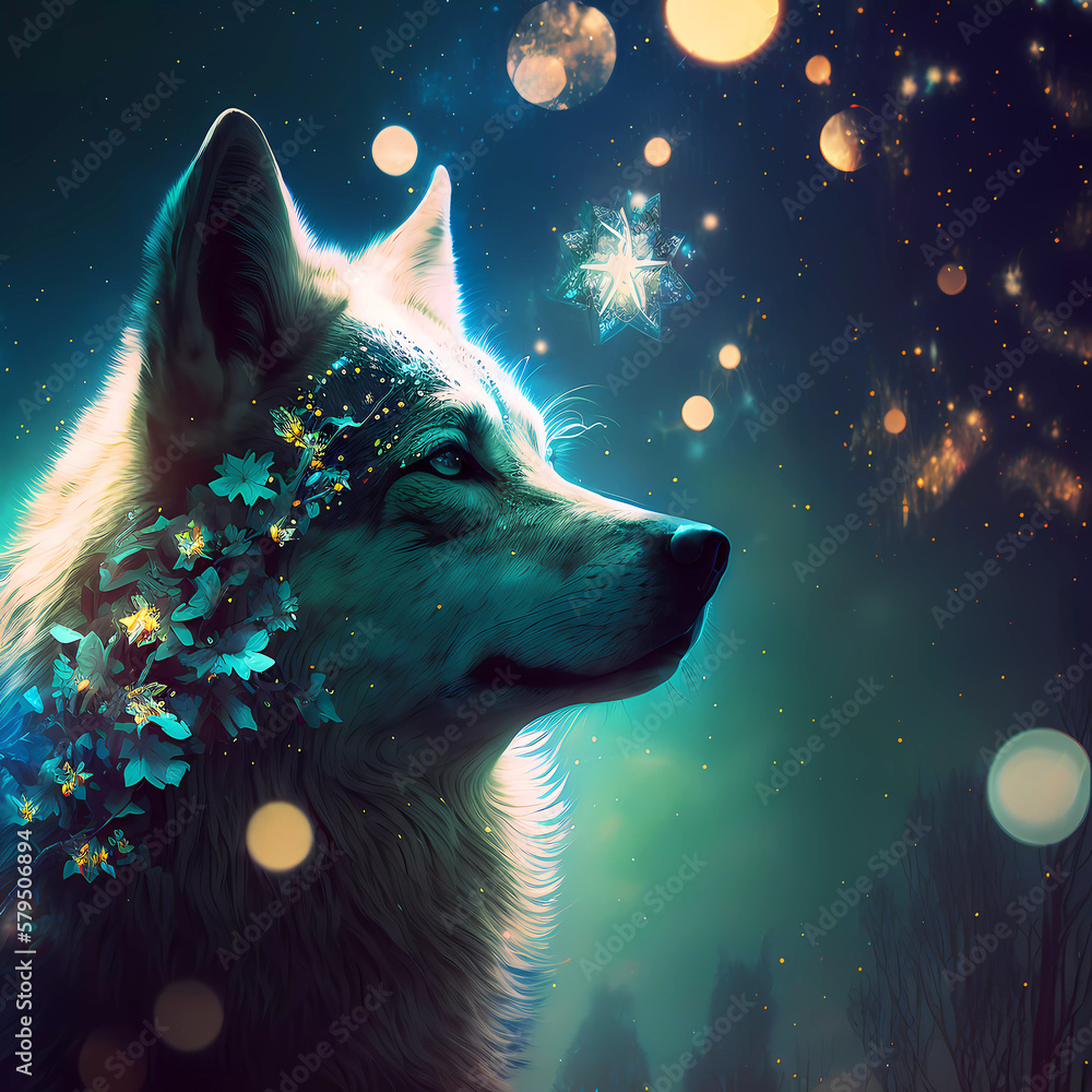 Wolf with flowers in the night sky, month. Moon in the night sky. Copy ...