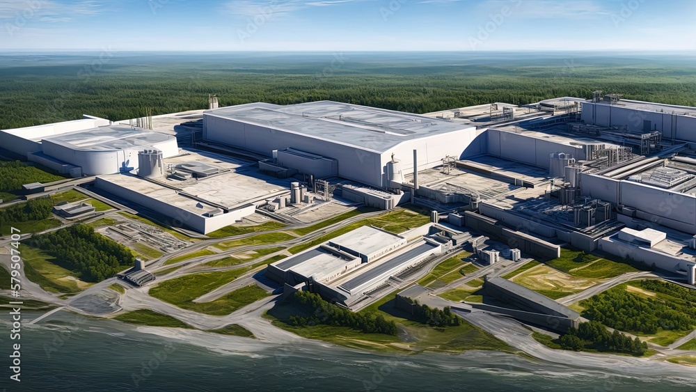 A huge modern nuclear power plant building producing energy using ...