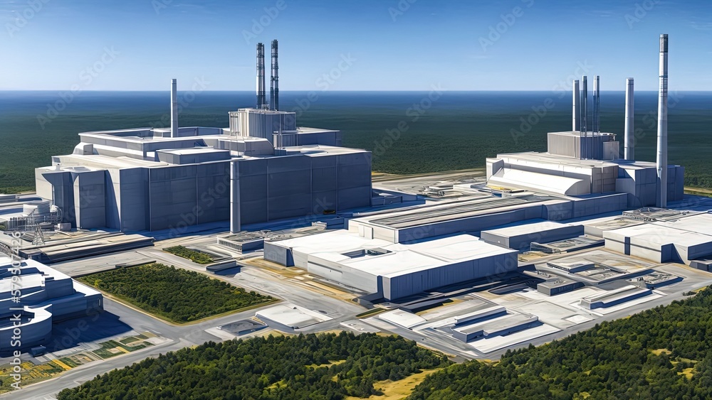 A huge modern nuclear power plant building producing energy using ...