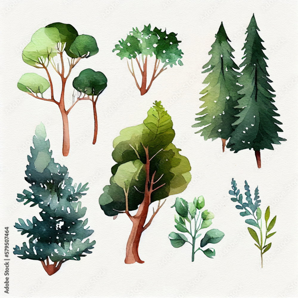 Painted watercolor trees. Isolated tree on white background, The ...