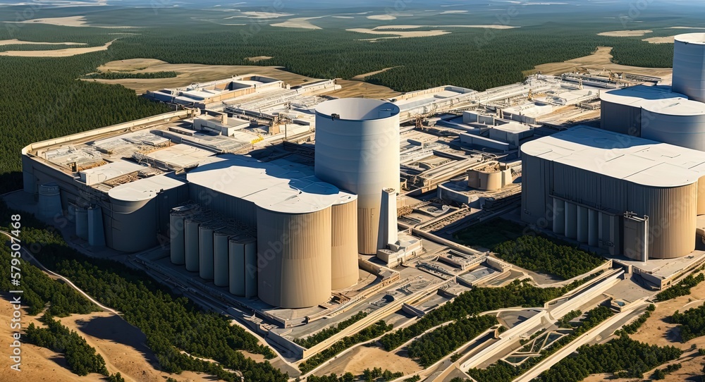 A huge modern nuclear power plant building during construction ...