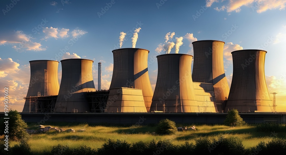 A huge modern nuclear power plant building producing energy using ...