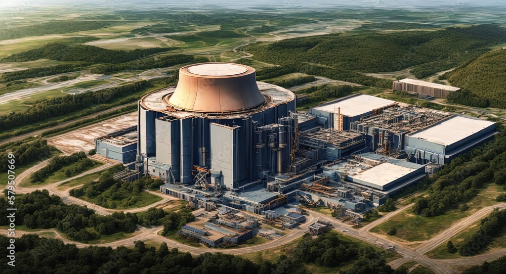 A huge modern nuclear Fusion power plant building during construction ...